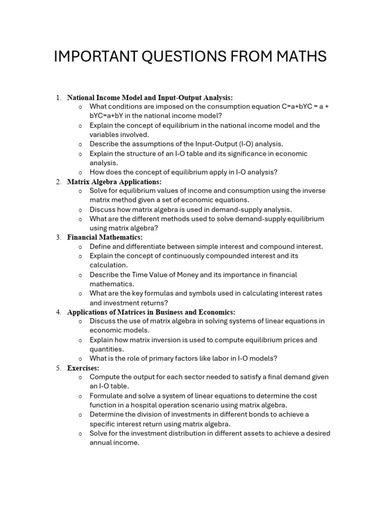 Mathematics Important Questions | PDF | Matrix (Mathematics) | Mean