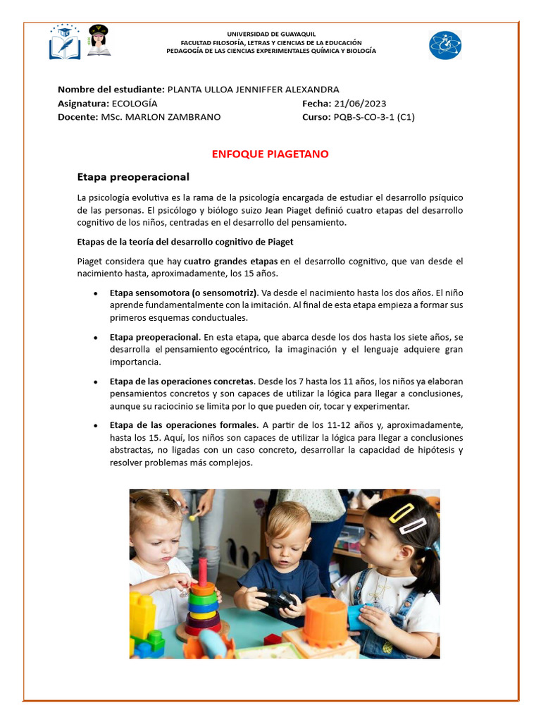 Etapa Preoperacional en Piaget | PDF | Pensamiento | Desarrollo cognitivo