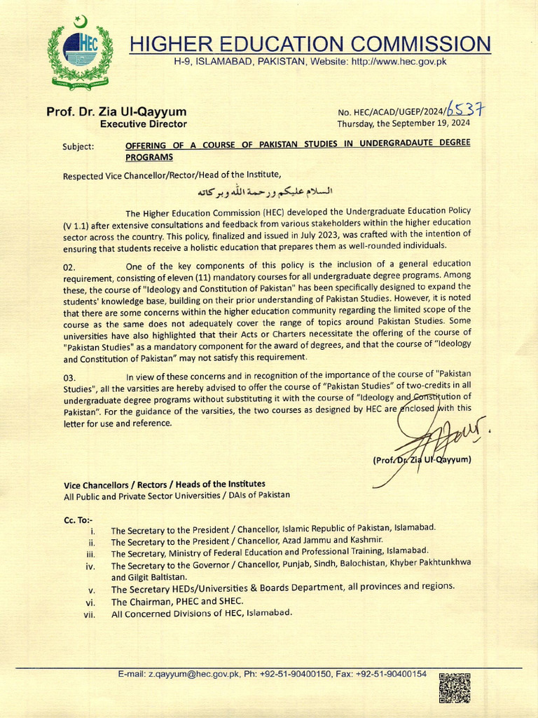 Inclusion of Pakistan Studies (Letter No. 6537) | PDF