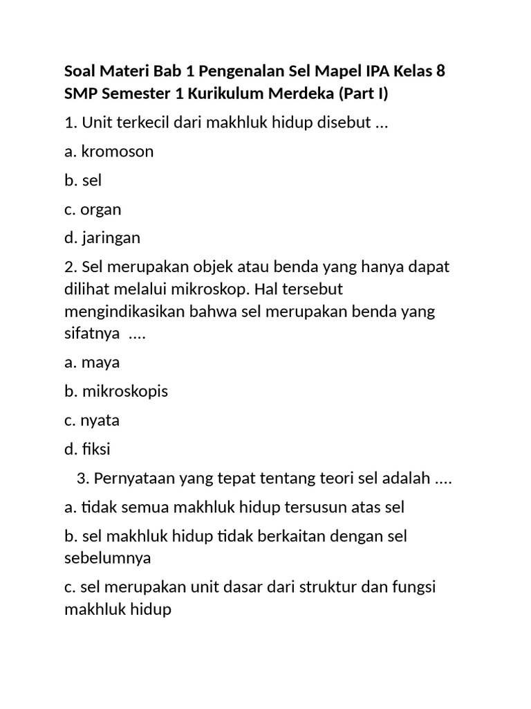 Soal Materi Bab 1 Pengenalan Sel Mapel IPA Kelas 8 SMP Semester 1 Tanpa ...