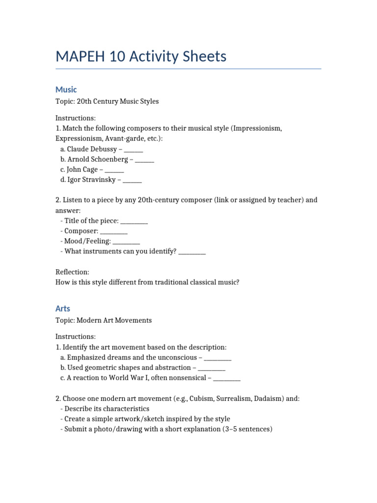 MAPEH 10 Activity Sheets | PDF