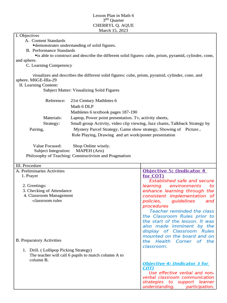 Math Lesson PLan Solid Figures | PDF | Learning | Teachers