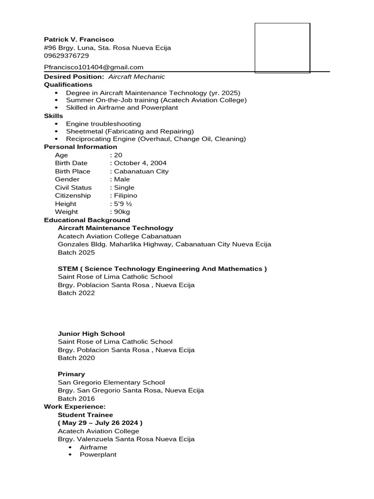 Aircraft Mechanic Resume of Patrick V. Francisco | PDF