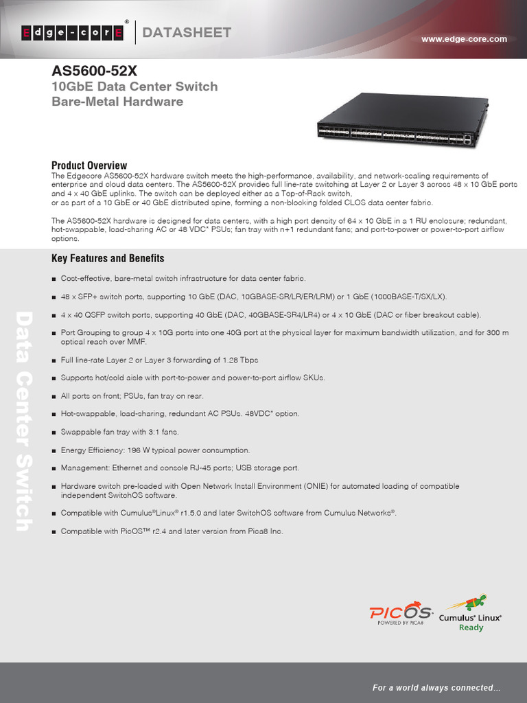 AS5600-52X - ONIE - DS - R04 - 20170928 Datasheet | PDF | Network Switch | Flash Memory
