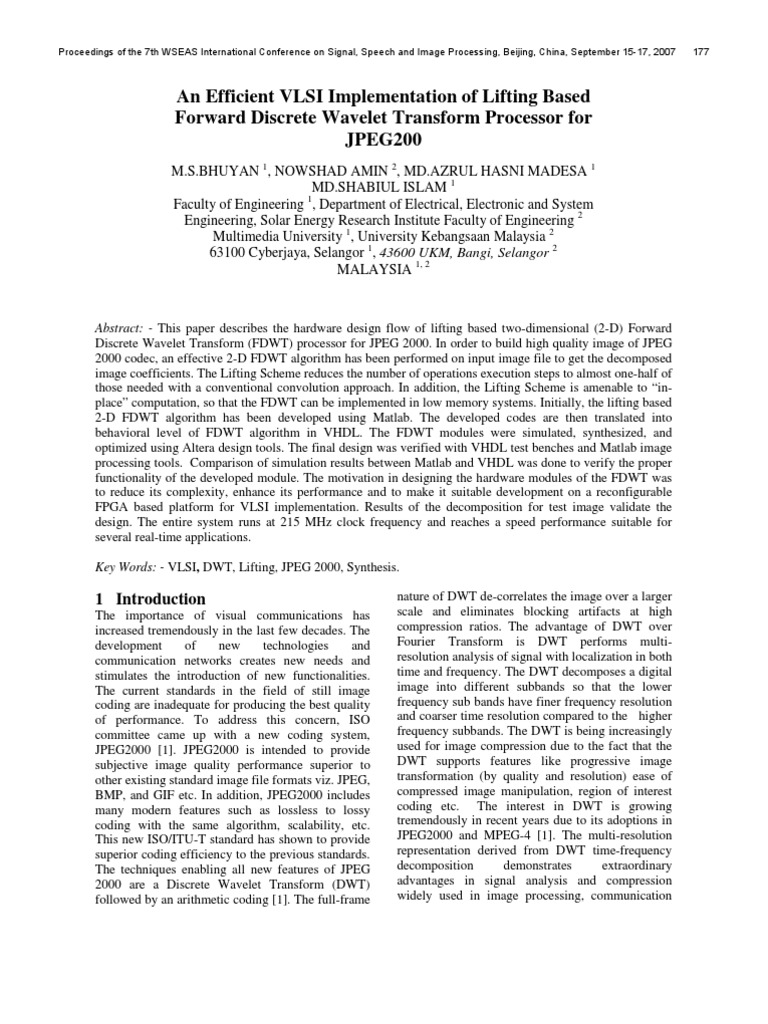 An Efficient Vlsi Implementation Of Lifting Based Forward Discrete Wavelet Transform Processor