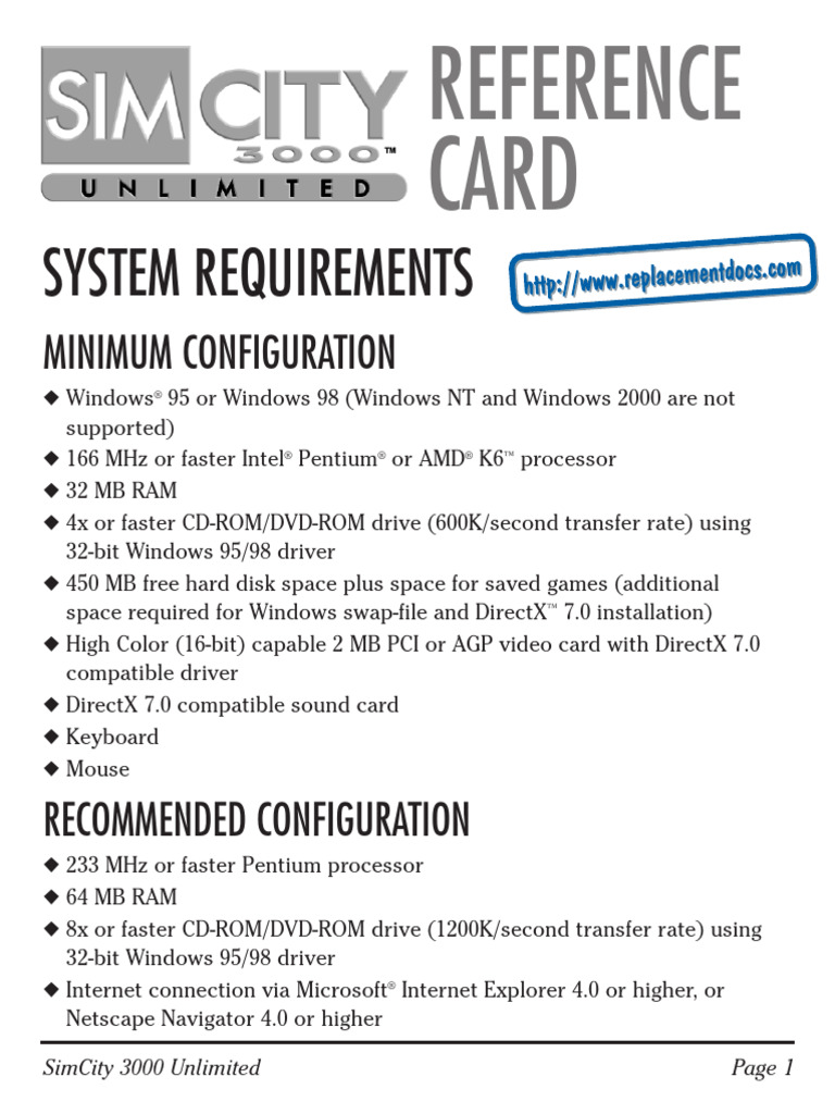 Sim City 3000 Unlimited - Quick Reference Card - PC | PDF | Microsoft Windows | Device Driver