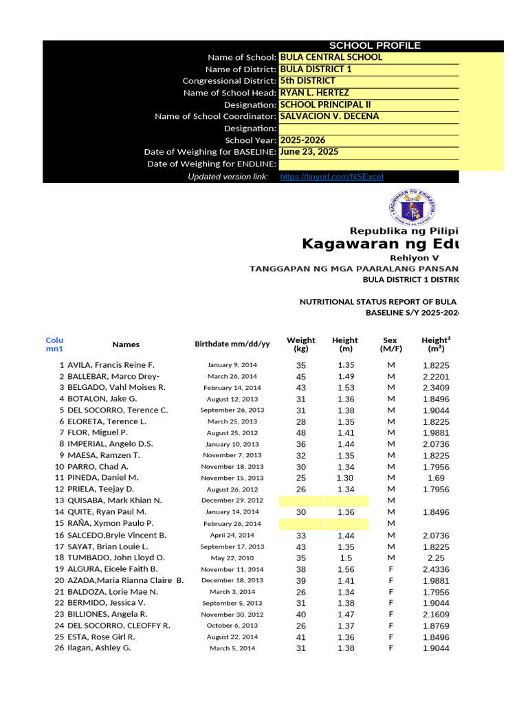 Nutritional Status 6 Jacinto Baseline 2025 2026 | PDF | Body Mass Index ...