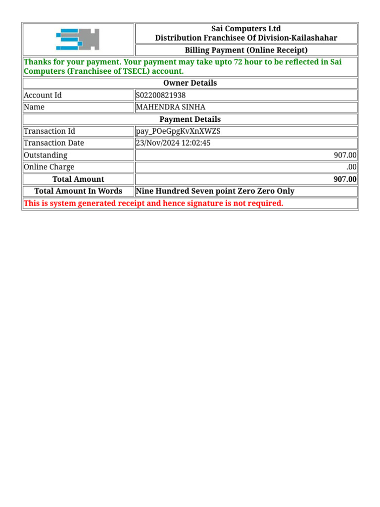 Sai Computers Payment Receipt Confirmation | PDF