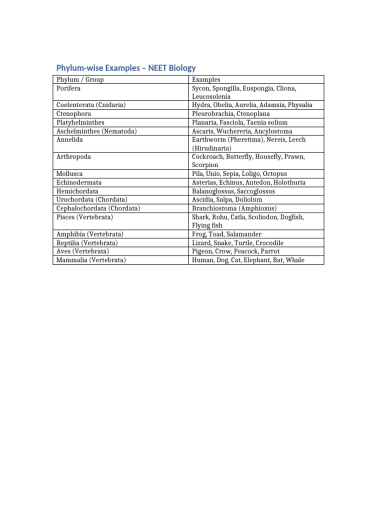 NEET Phylum Wise Examples | PDF