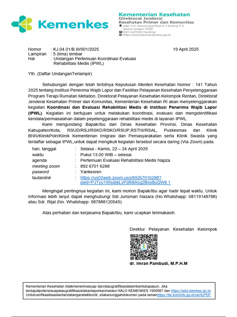 V1.Undangan Pertemuan Koordinasi Dan Evalausi IPWL Tahun 2025 | PDF