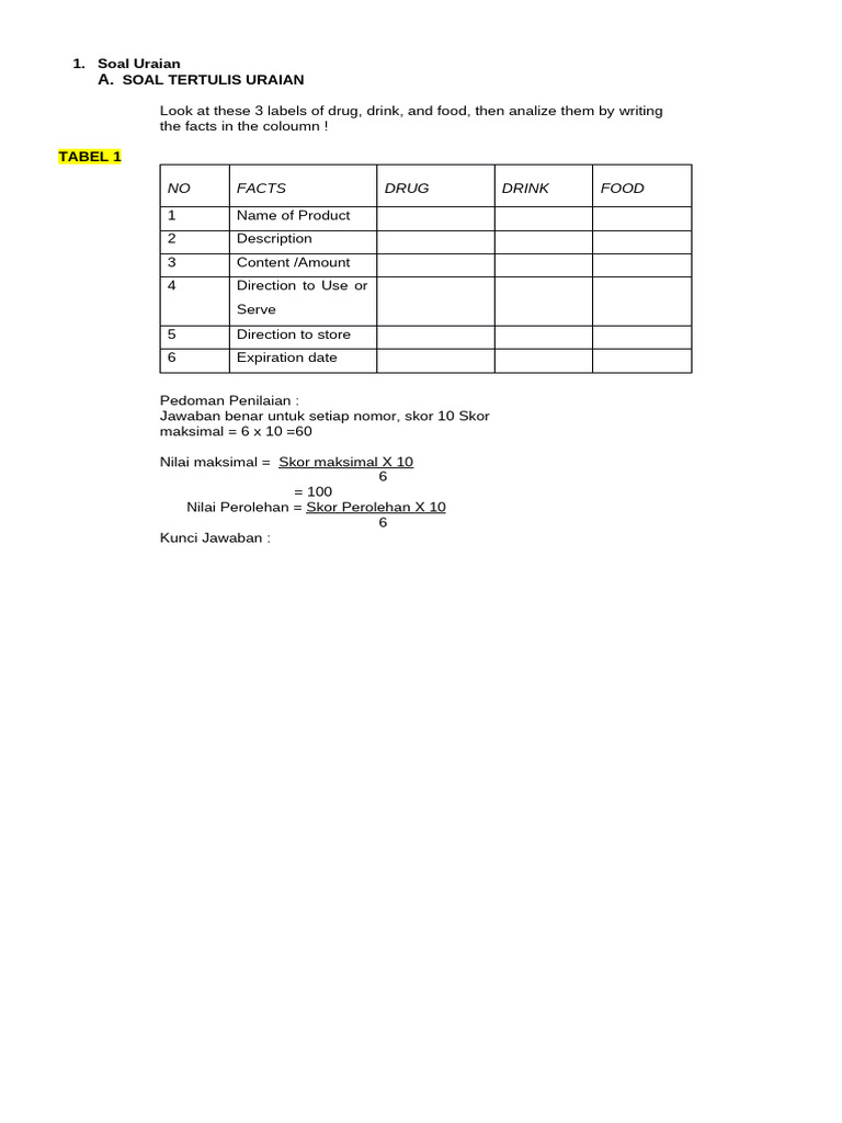 5 - Soal Uraian - tEXT LABEL | PDF | Foods | Non Alcoholic Drinks