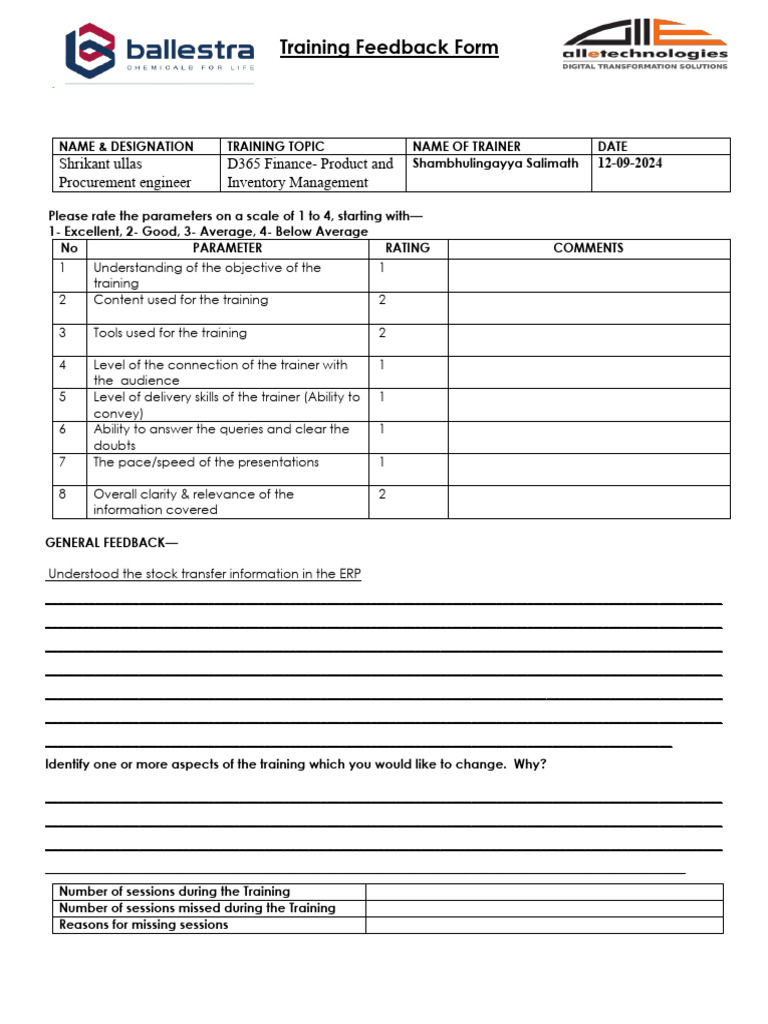 Training Feedback Form - Dynamics 365 Finance Day 4 Product and ...