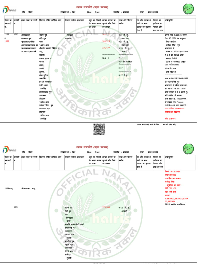 Rajender Jamabandi | PDF