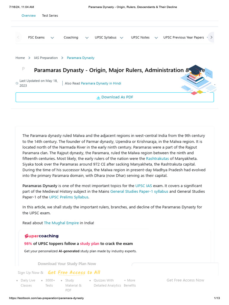 Paramara Dynasty - Origin, Rulers, Descendants & Their Decline | PDF