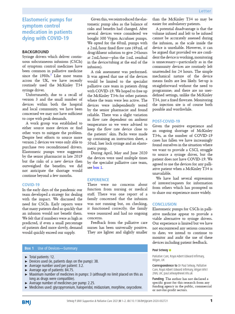 2021 - Elastomeric Pumps For Symptom Control Medication in Patients ...