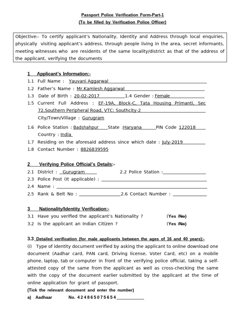 Passport Police Verification Form Part 1 | PDF | Identity Document ...