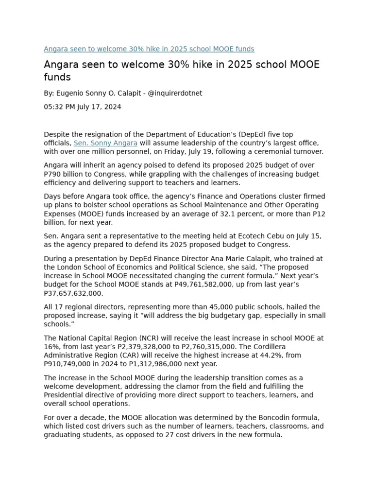Angara Seen To Welcome 30 - Increase in School MOOE | PDF