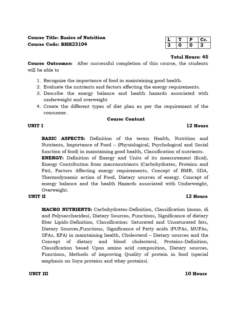 Basics of Nutrition Syllabus | PDF | Food Energy | Nutrients