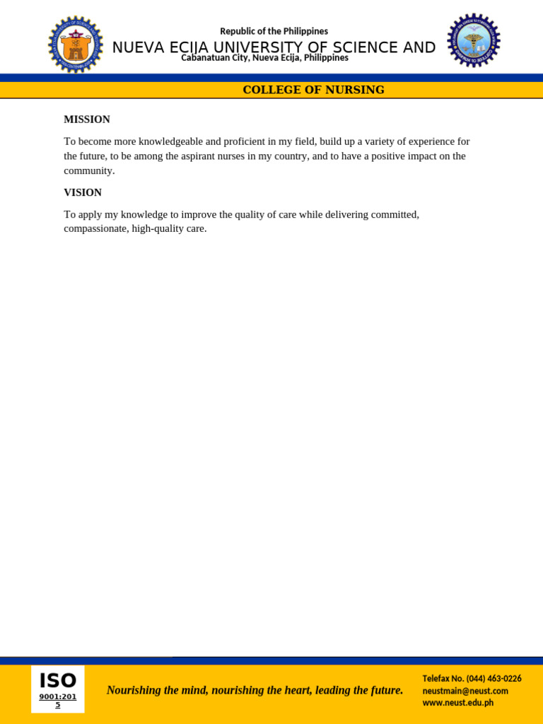 NEUST College of Nursing Mission & Vision | PDF