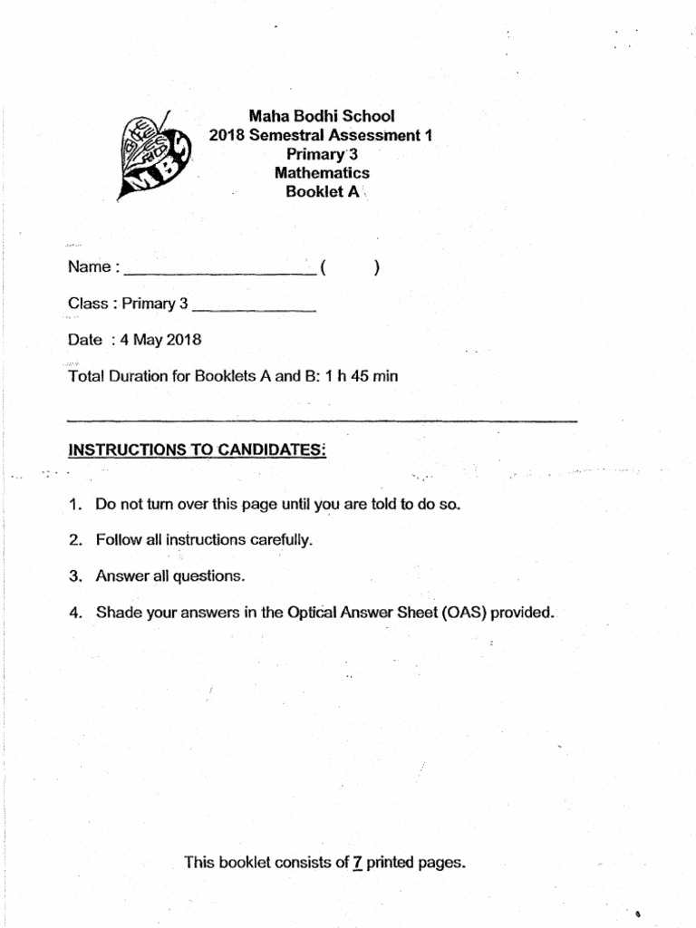 P3 Maths SA1 2018 Maha Bodhi Exam Papers | PDF