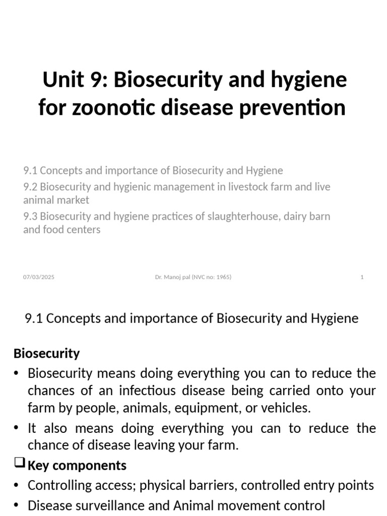 Unit 9 Biosecurity and Hygiene For Zoonotic Disease Prevention | PDF | Hygiene | Dairy Farming