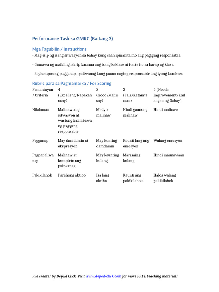 Performance Task GMRC Grade3 | PDF