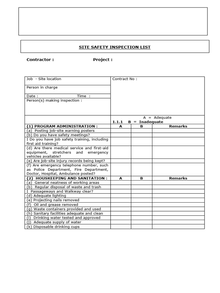 General Inspection Checklist | PDF | Housekeeping | Scaffolding