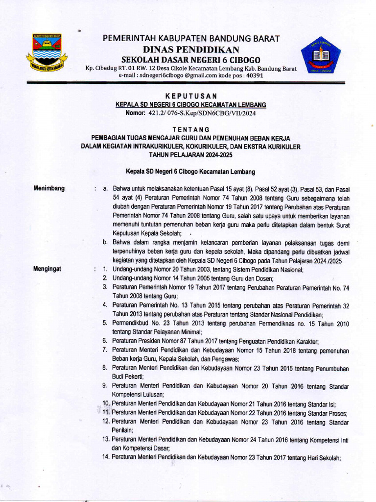 SK Pembagian Tugas Mengajar 2024 | PDF