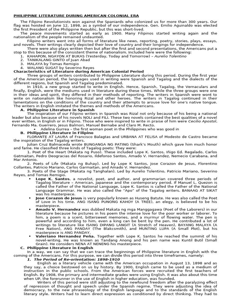 Literary Periods American To Contemporary Handout | PDF | Tagalog ...