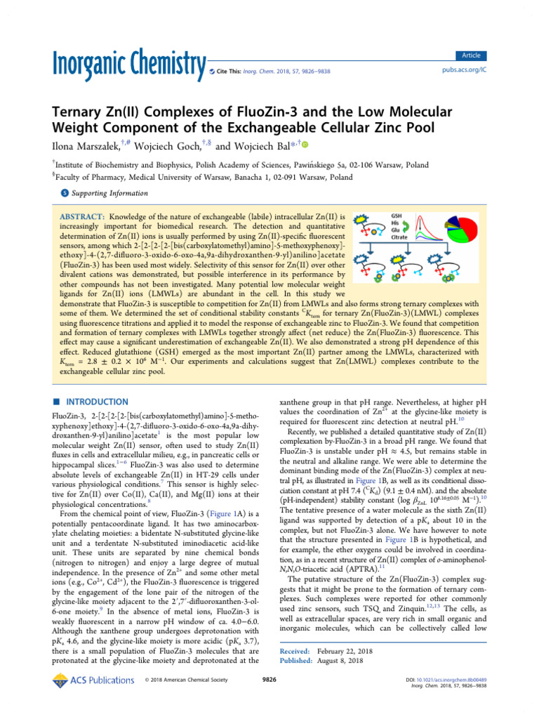 Marszałek Et Al 2018 Ternary ZN (II) Complexes of Fluozin 3 and The Low ...