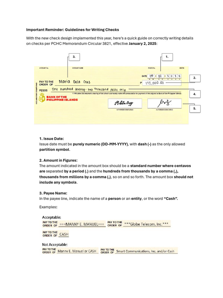 PCHC Check Writing Guidelines 2025 | PDF