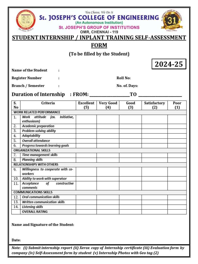 INTERNSHIP Evaluation Form Student SJCE | PDF
