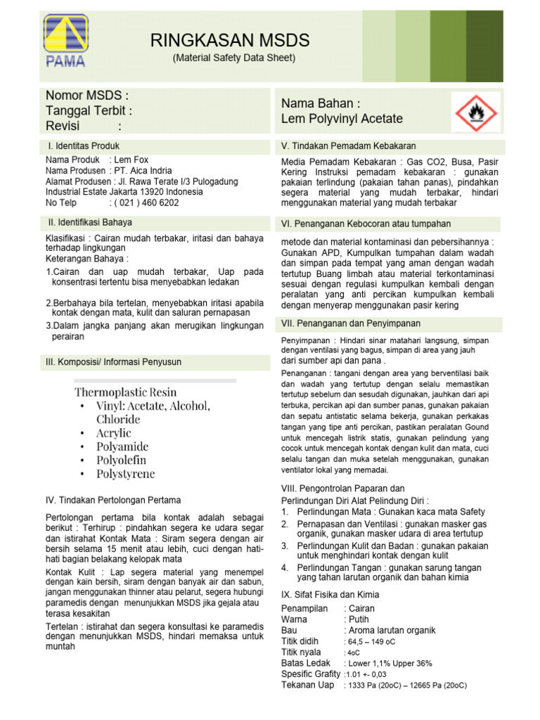 MSDS Lem Fox Kuning dan Bahayanya | PDF