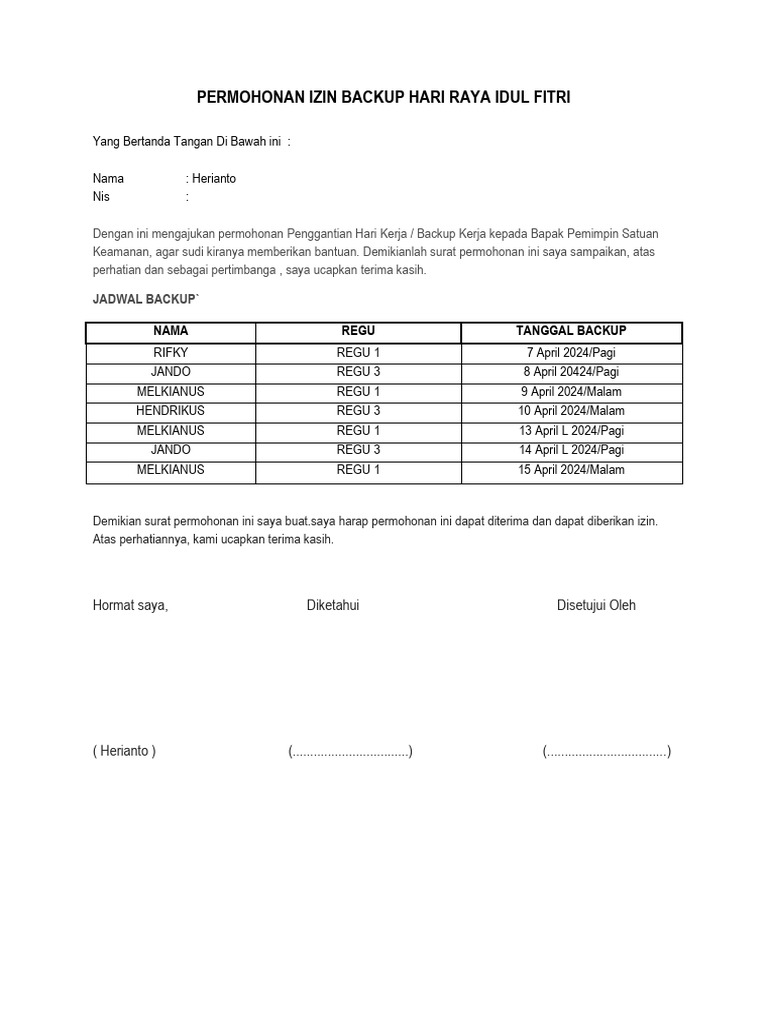 Permohonan Izin Backup Hari Raya Idul Fitri | PDF