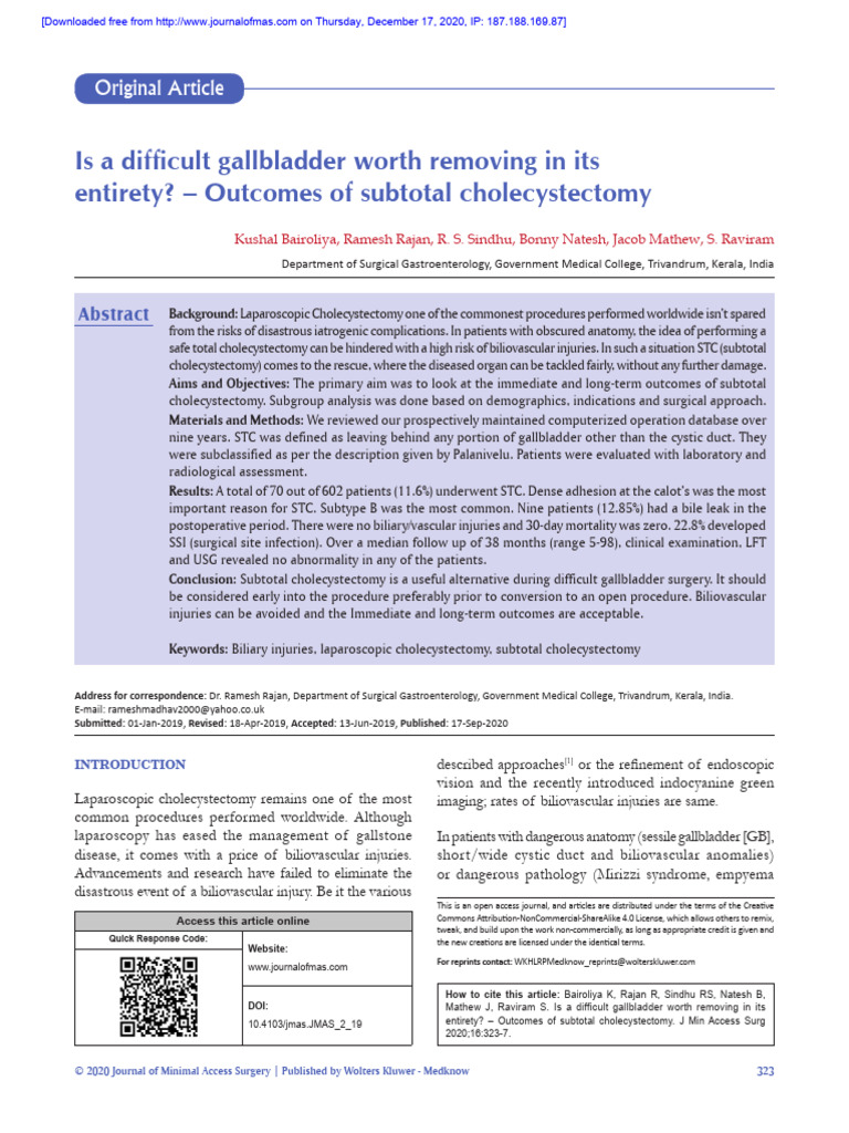 Outcomes of Subtotal Cholecystectomy | PDF | Gallbladder | Medical ...