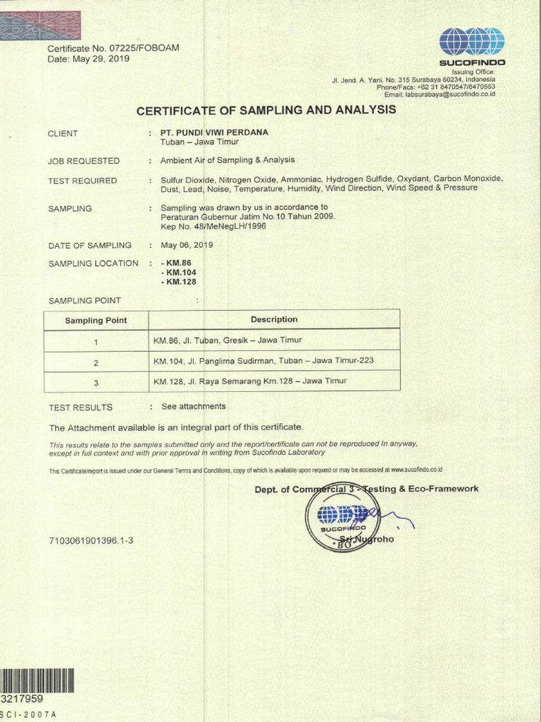 Certificate of Sampling and Analysis | PDF