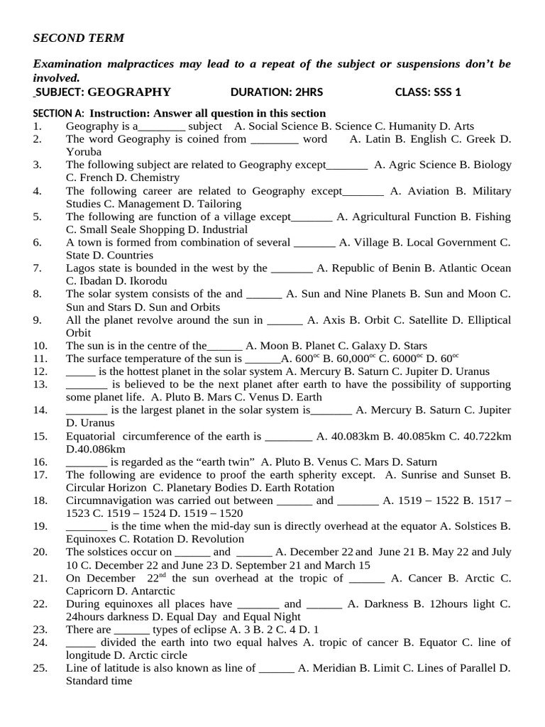 Geography Exam Questions for SSS 1 & 2 | PDF | Equator | Planets