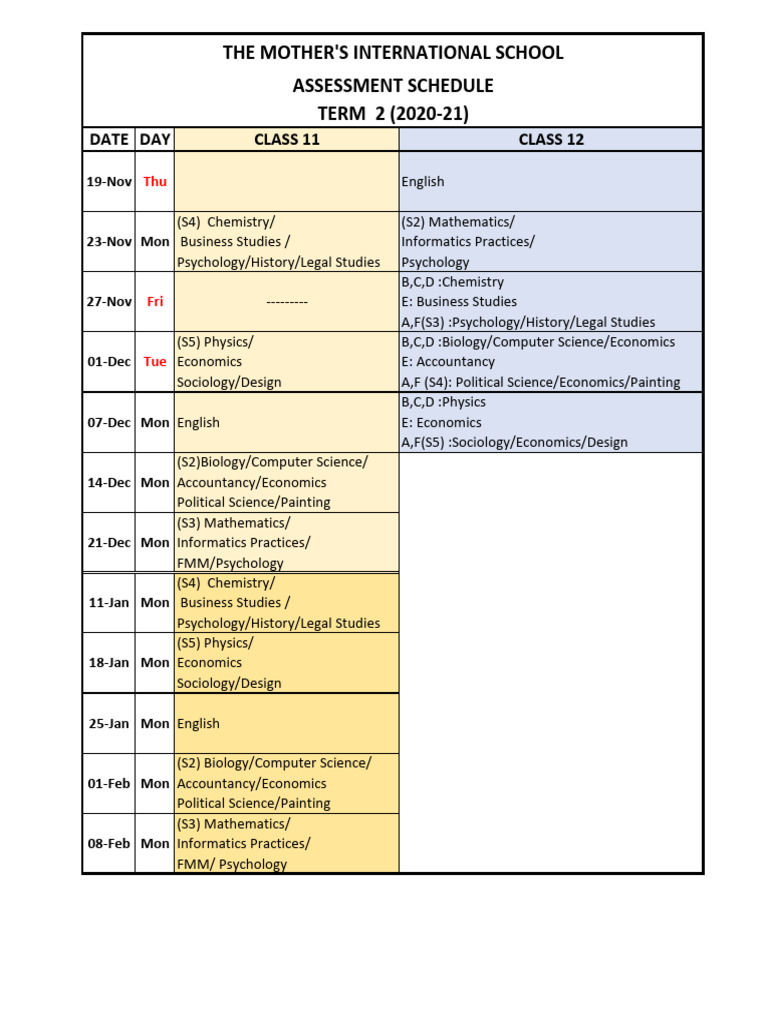 Term 2 Assessment Schedule 2020-21 | PDF