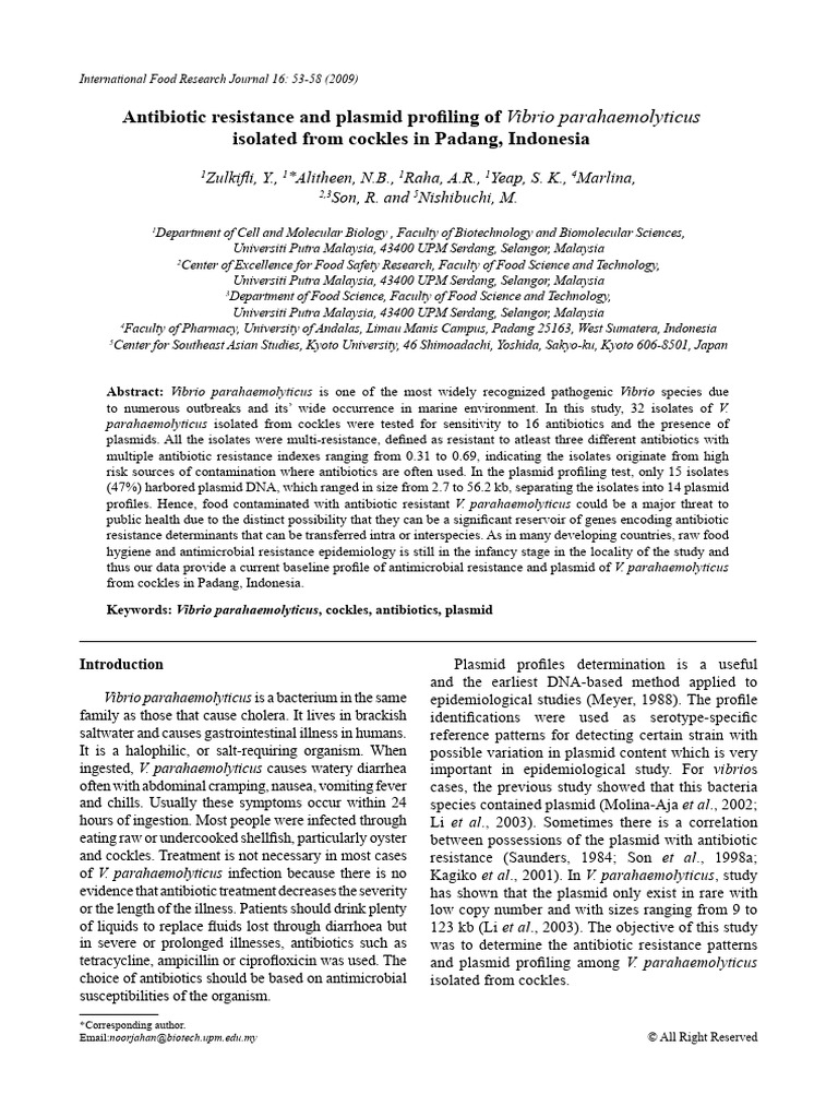 Antibiotic Resistance and Plasmid Profiling VP Indonesia | PDF ...