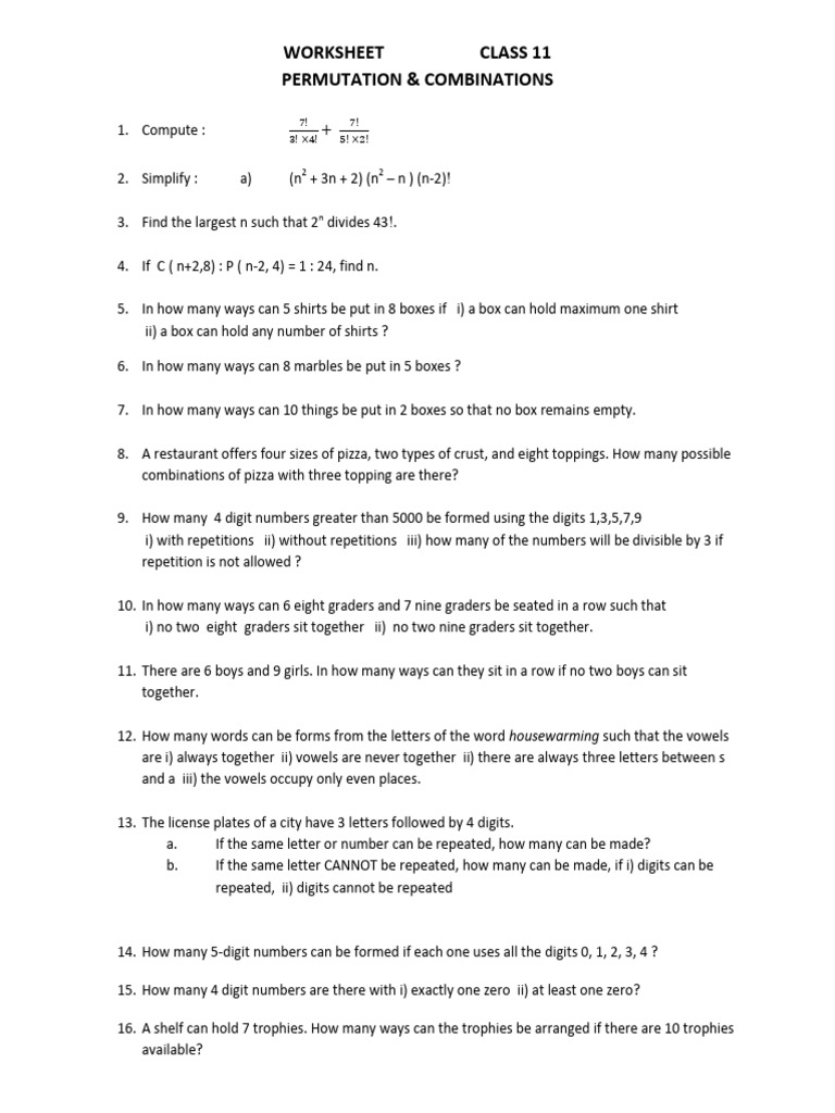 Class 11 Permutation & Combinations Worksheet | PDF