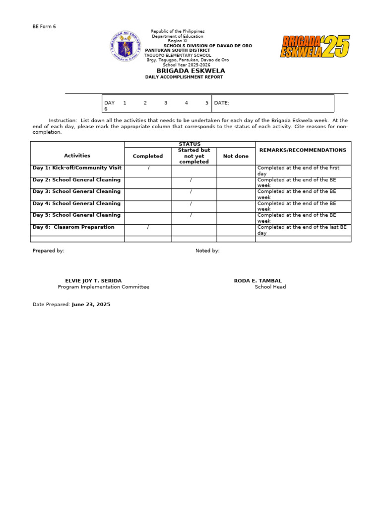 Be Form 6 Daily Accomplishment Report w1 | PDF | Philippines