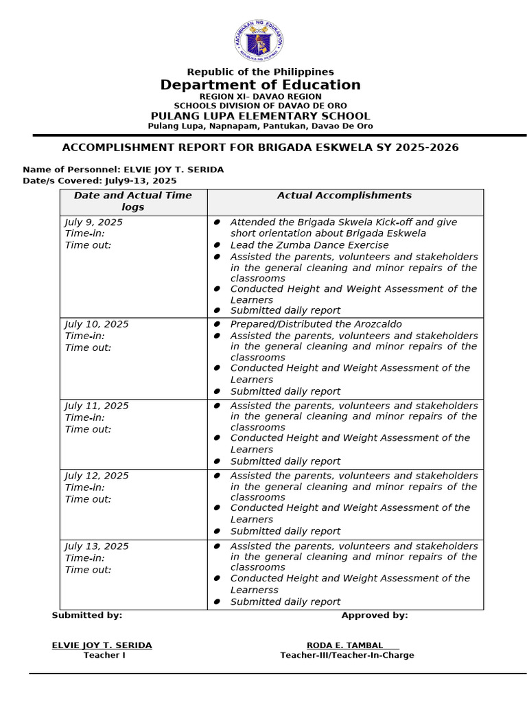 Accomplishment Report Brigada 2024 2025 | PDF | Schools | Social ...