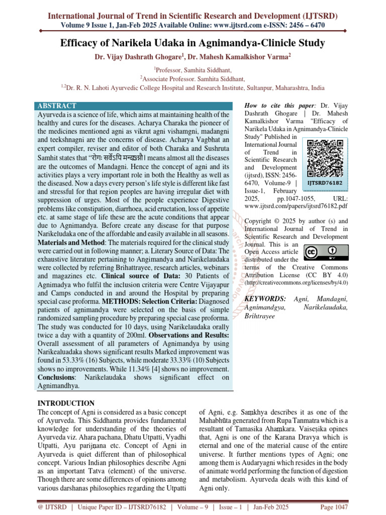 Efficacy of Narikela Udaka in Agnimandya | PDF | Amino Acid | Ayurveda