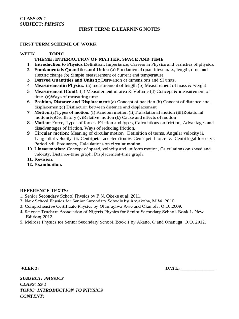 Physics SS1 First Term Overview | PDF | Force | Friction