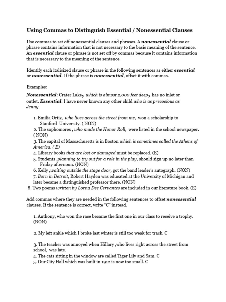 Comma Usage for Essential vs. Nonessential Clauses | PDF