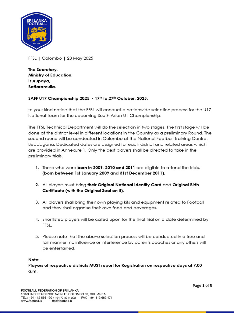 1 Education Ministry Letter - SAFF U17 Championship 2025 India Trails | PDF