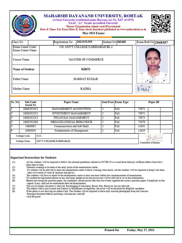 Provisional Admit Card for M.Com Exams | PDF