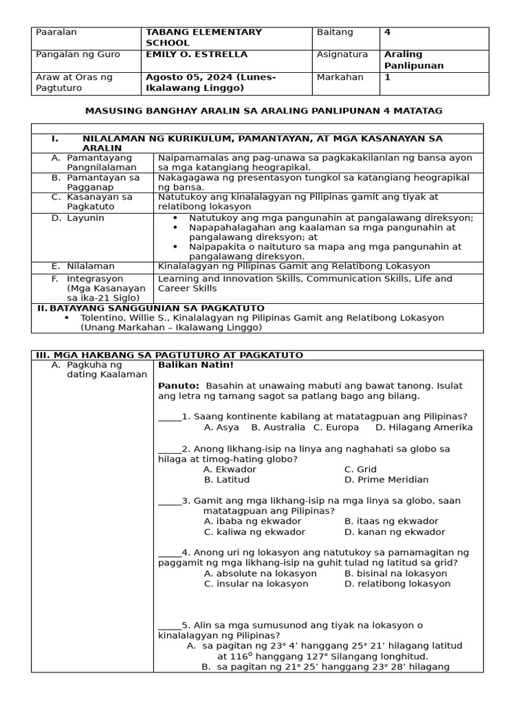 Week 2-Dlp Matatag AP Grade 4 Quarter 1 Week 2 (Mon-Fri) | PDF