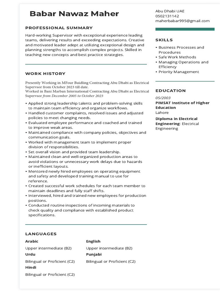 CV Babar - Electrical Supervisor | PDF | Résumé | Starbucks