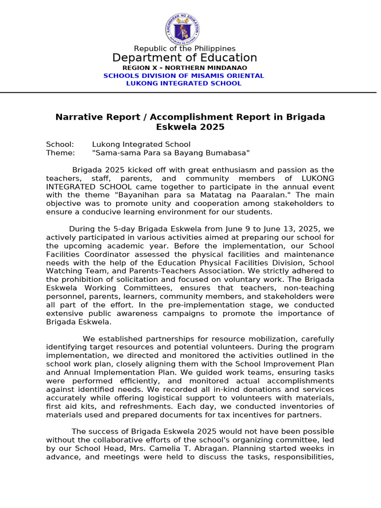 Brigada Eskwela 2025 Accomplishment Report | PDF | Volunteering | Teachers